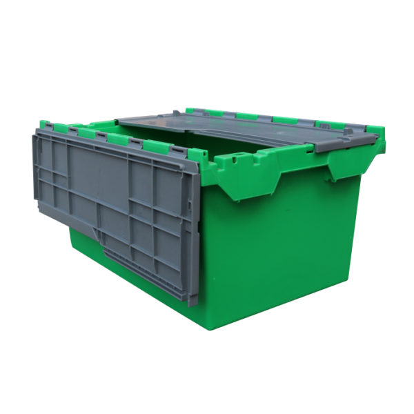wholesale distribution tote with hinged lid,attached lid containers